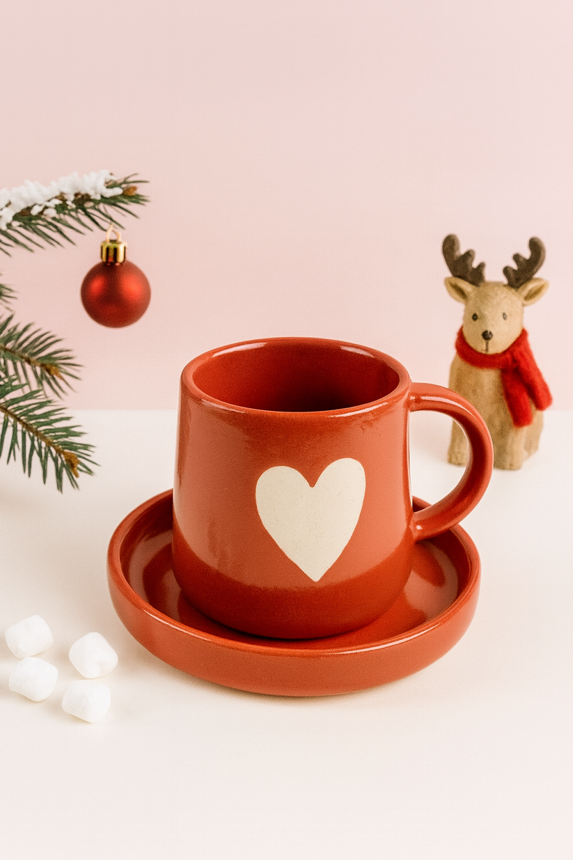 Cozy Red Heart Mug with Saucer ️ (300ml) – ClayandCo.